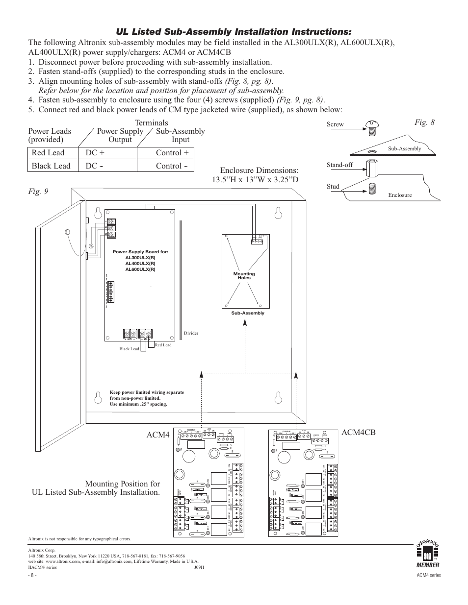 Ul Listed Sub Assembly Installation Instructions Acm4cb Screw