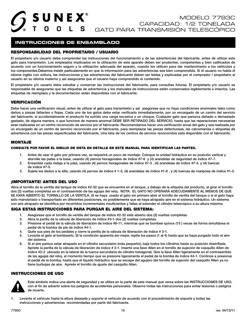 Sunex Tools 7793C User Manual | Page 10 / 17 | Also for: 7793B Sunex Tools 7793C User Manual | Page 10 / 17 | Also for: 7793B
