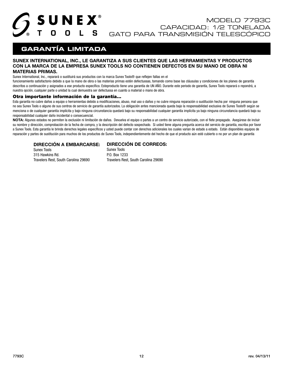 Sunex Tools 7793C User Manual | Page 12 / 17 | Also for: 7793B Sunex Tools 7793C User Manual | Page 12 / 17 | Also for: 7793B