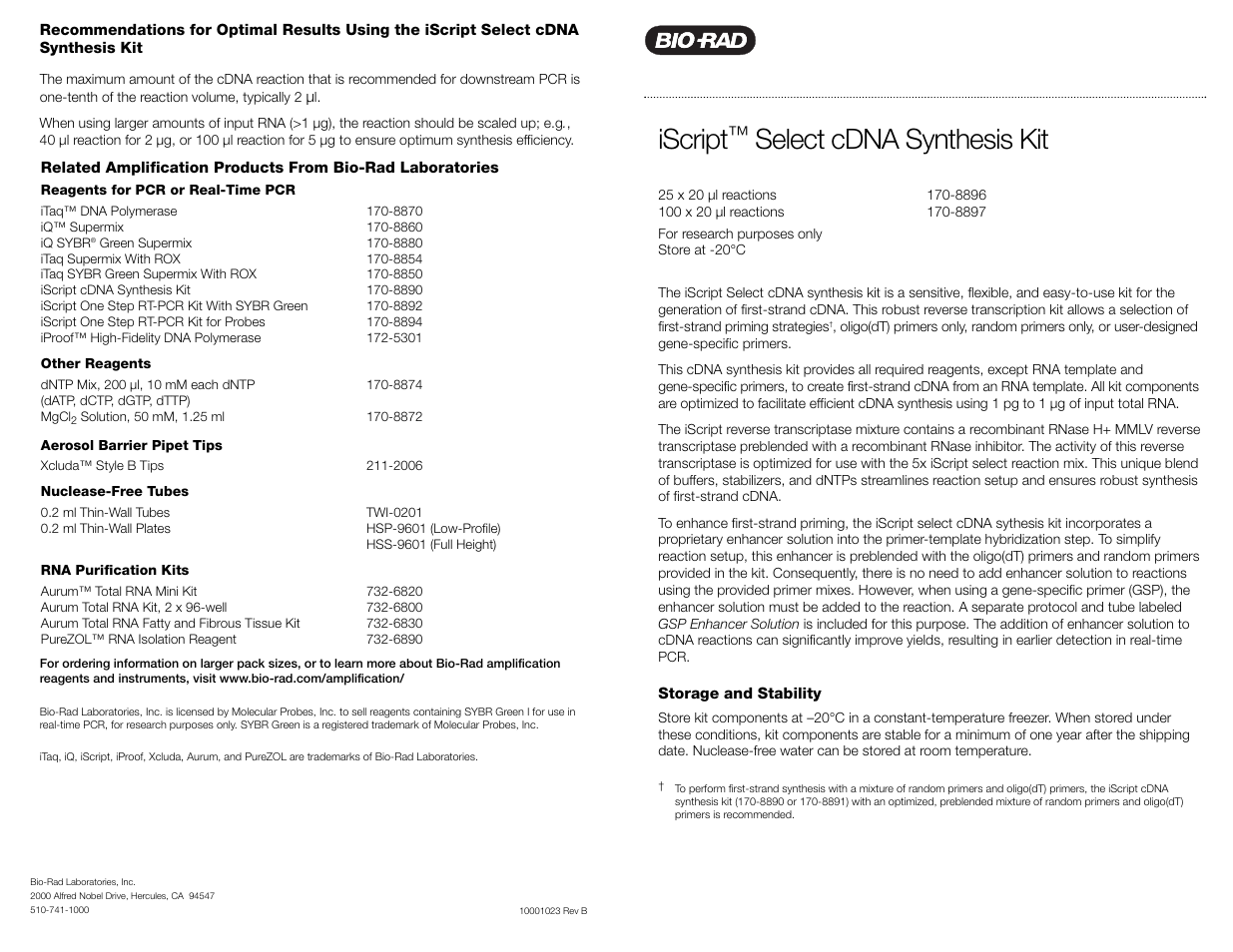 Bio-Rad iScript™ Select cDNA Synthesis Kit User Manual | 2 pages Bio-Rad iScript™ Select cDNA Synthesis Kit User Manual | 2 pages