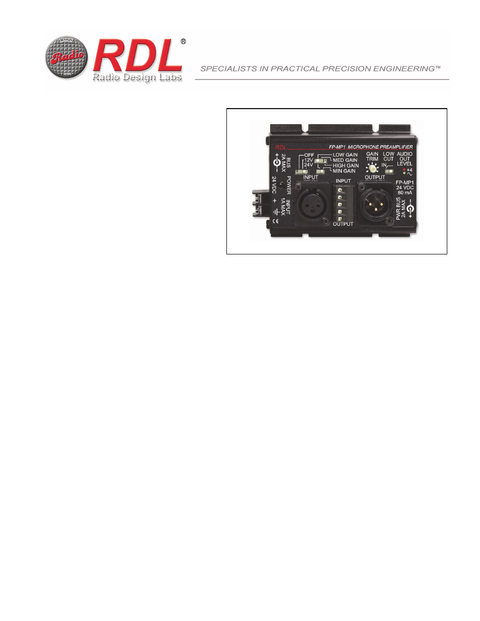 RDL FP-MP1 - Microphone Preamplifier User Manual | 2 pages