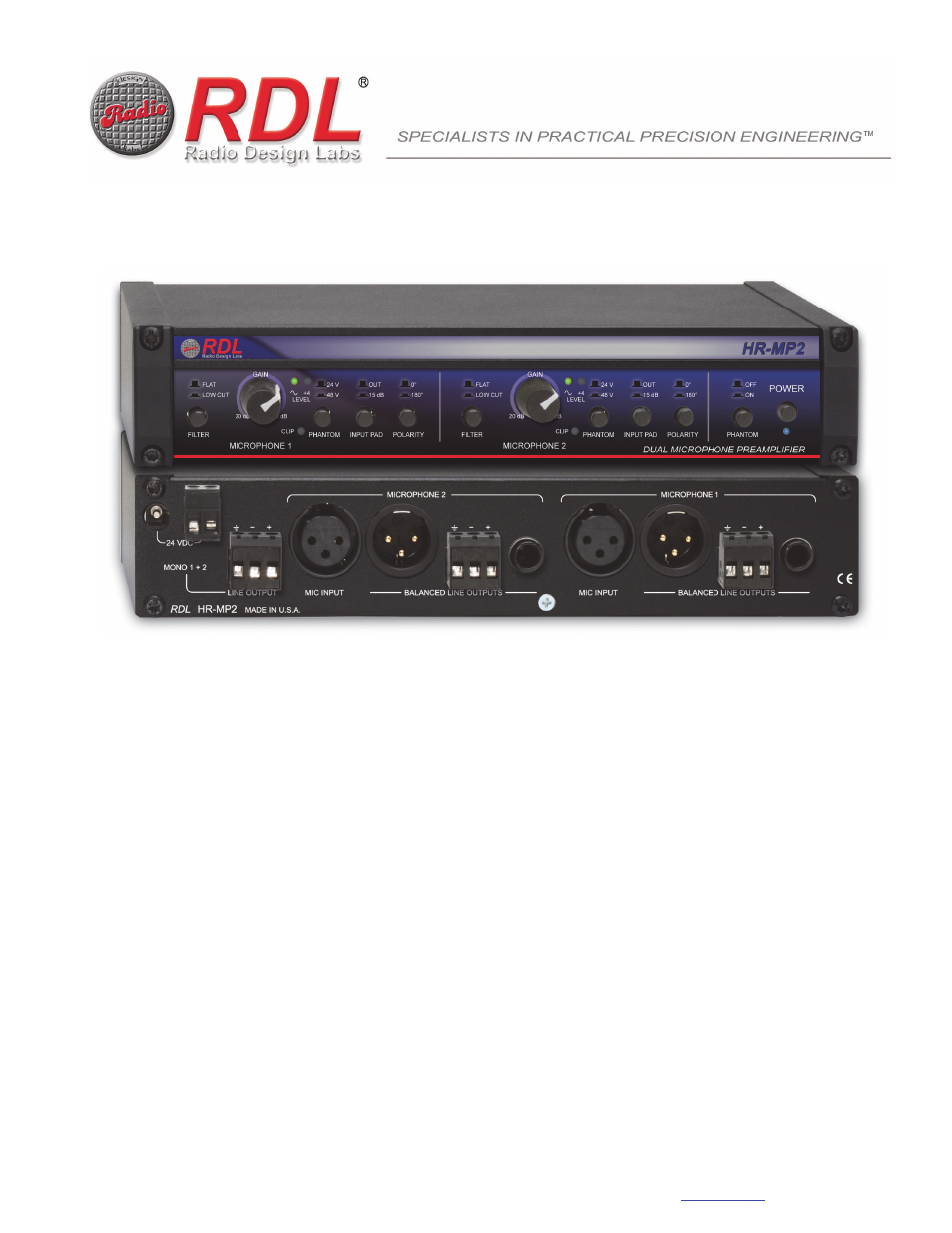 RDL HR-MP2 - Microphone Preamplifier User Manual | 2 pages