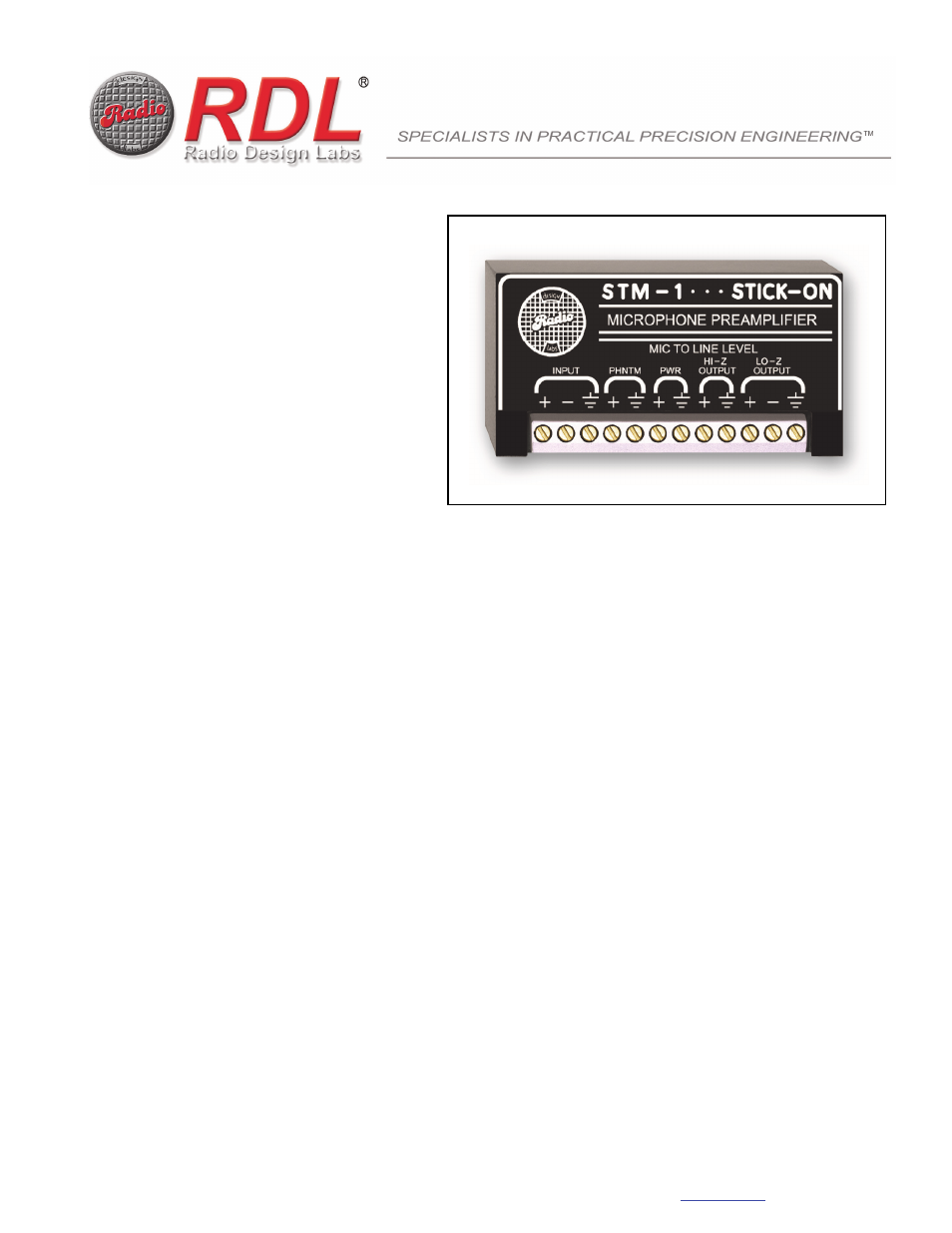 RDL STM-1 Microphone Preamplifier User Manual | 2 pages