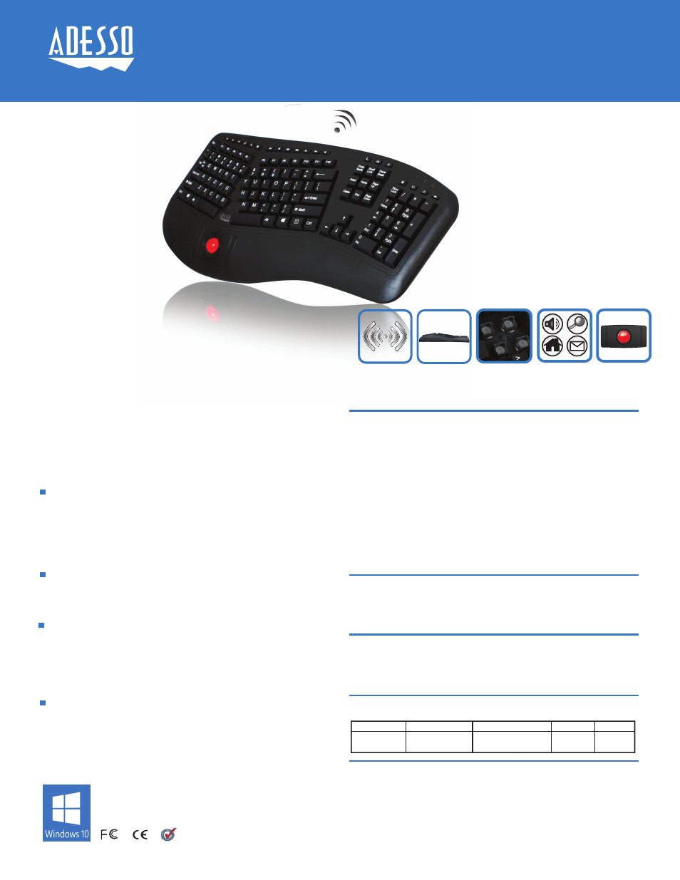 Adesso Tru-Form 3500 Wireless Ergonomic Keyboard with Trackball User ...