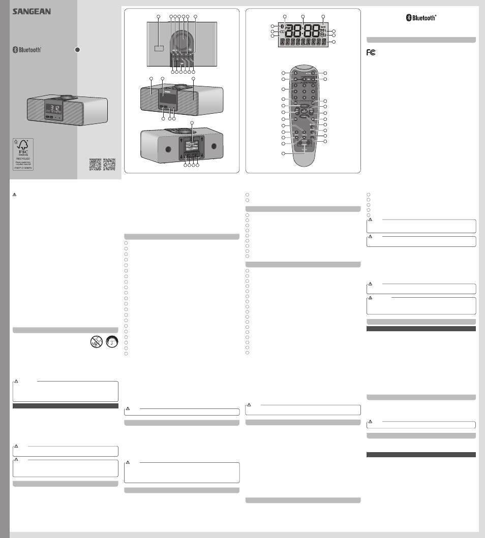 Sangean RCR-40 AM/FM-RBDS/Bluetooth Tabletop Radio User Manual | 2 pages