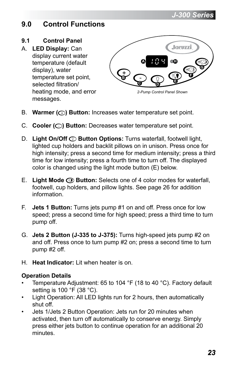 0 control functions, 1 control panel, Control panel | Jacuzzi J - 355 ...