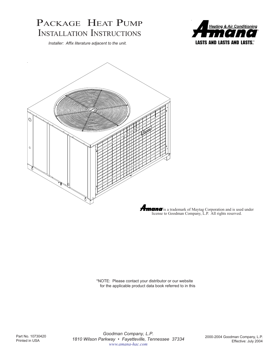 Amana PACKAGE HEAT PUMP User Manual | 20 pages | Original mode Amana PACKAGE HEAT PUMP User Manual | 20 pages | Original mode
