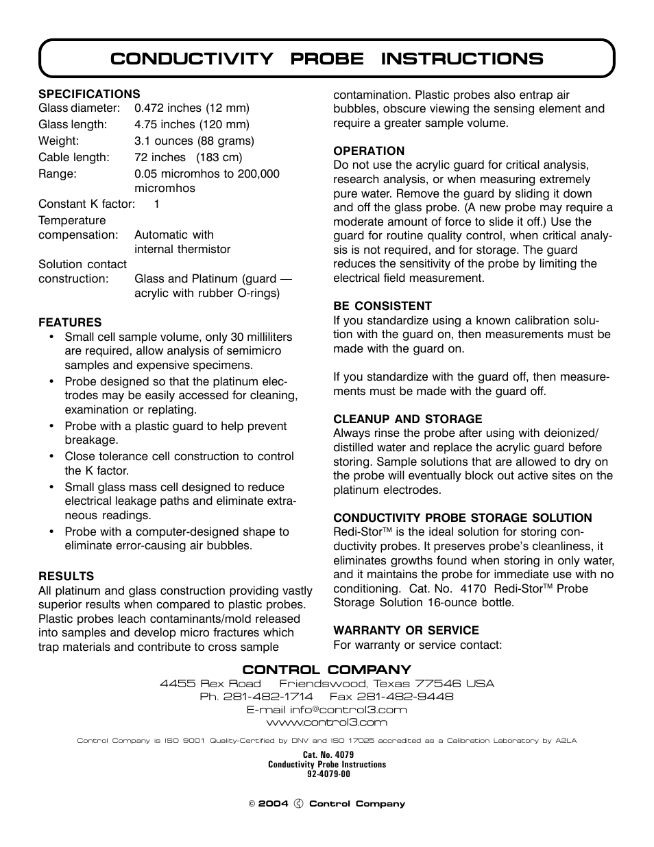 Control Company 4079 CONDUCTIVITY PROBE User Manual 1 Page Original control-company-4079-conductivity-probe-user-manual-1-page-original