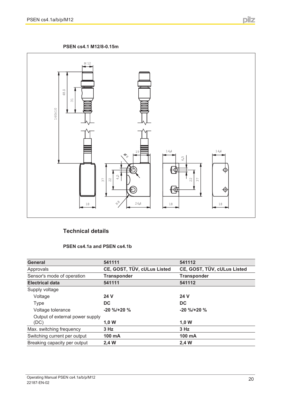 Psen cs4.1 m12/8-0.15m, Technical details, Technical de | Pilz PSEN cs4 ...